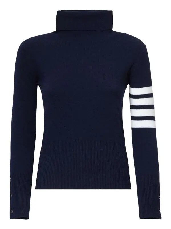 Thom Browne Striped Turtleneck Sweater With Button Detail - Navy Blue