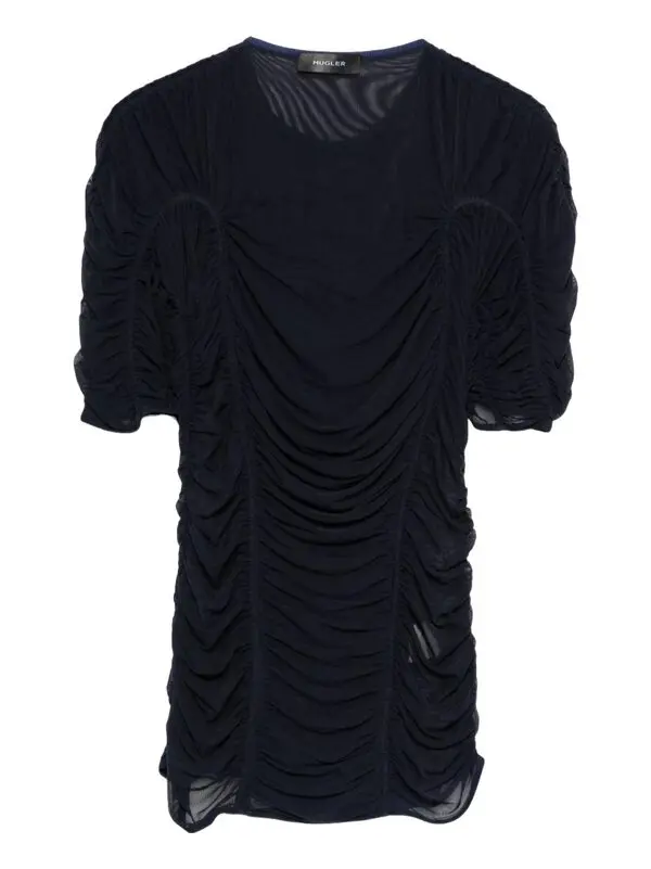 MUGLER Mesh Pleated Short Sleeve Top - Black