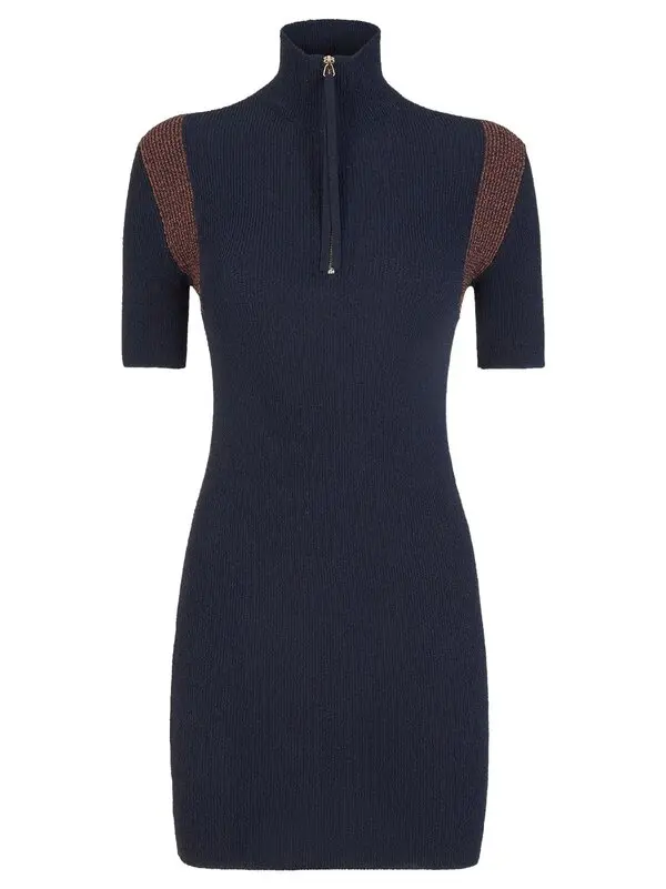 Fendi Fitted Jersey Dress With High Neck And Short Sleeves - Blue