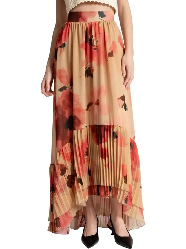 KAOS Floral Print Pleated Midi Skirt - Nude