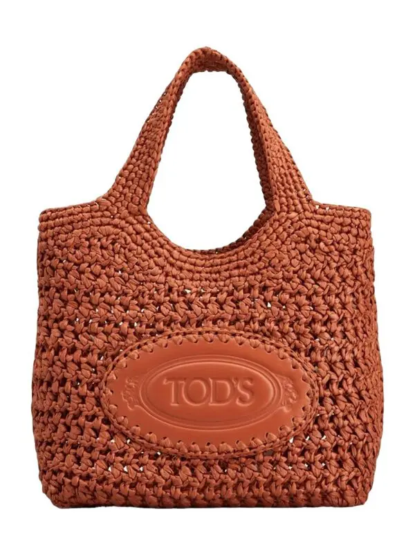 TOD'S Raffia Crochet Tote Bag With Debossed Logo - Orange
