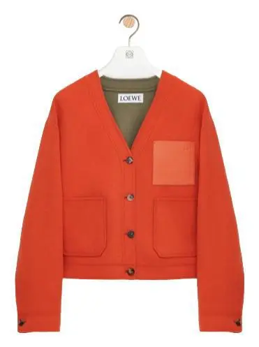 Loewe V-neck Long Sleeve Jacket With Leather Patch Pocket - Khaki/orange