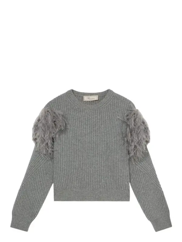 Blumarine Feather-embellished Ribbed Crew Neck Sweater - Grey