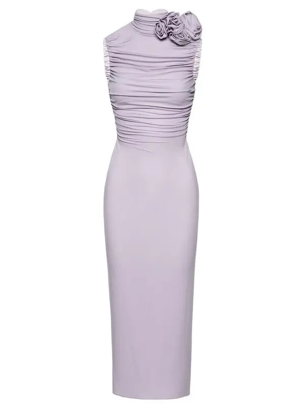 Magda Butrym Ruched Mock Neck Midi Dress With Rose Brooch - Lavender