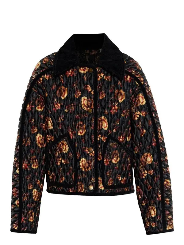 Burberry Floral Quilted Jacket With Corduroy Paneling - Black