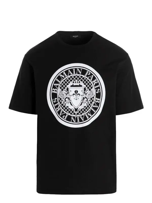 Balmain Cotton T-shirt With Flocked Medallion - Black