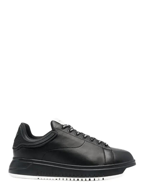 Emporio Armani Logo Embossed Leather Lace-up Sneakers - Black