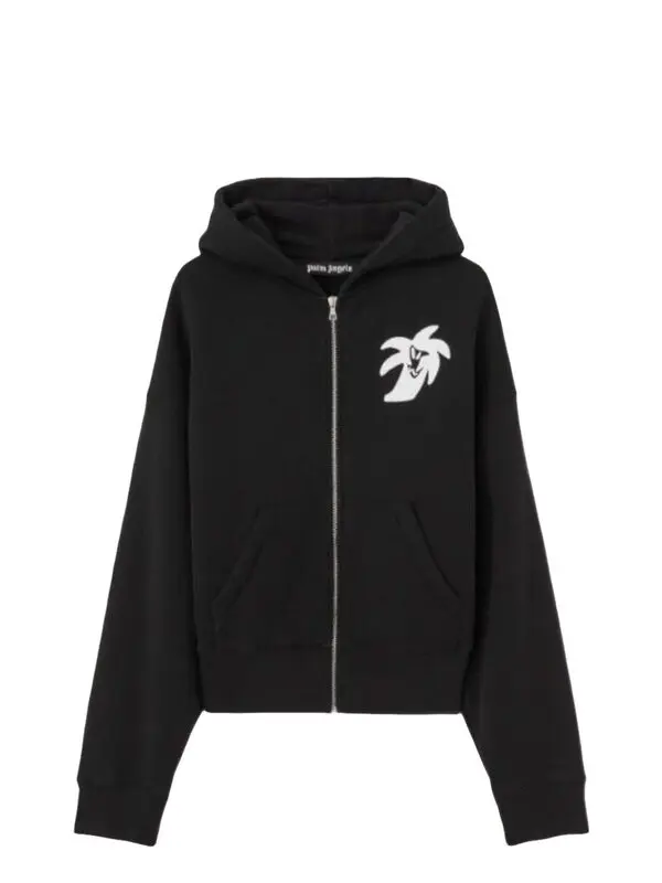 Palm Angels Long Sleeve Logo Zip Up Hoodie - Black