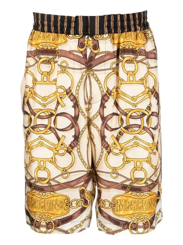 Moschino Printed Shorts With Signature Leo Teddy And Chain Motifs - Nude