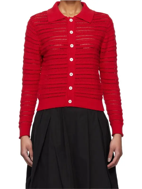 DUNST Open Collar Pointelle Knit Cardigan - Red