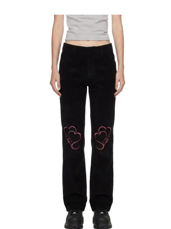 Marissa Chiara Belt Loop Embroidered Heart Casual Pants - Black