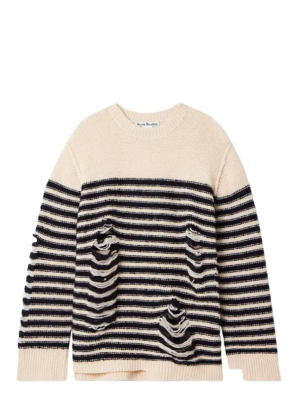 Acne Studios Striped Distressed Knit Sweater - Cream