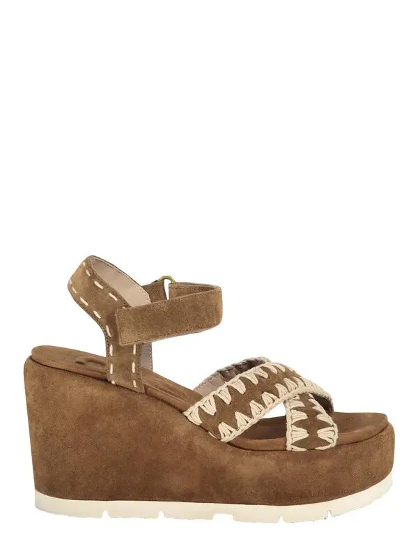 Mou Criss-cross Stitched Wedge Sandals - Brown
