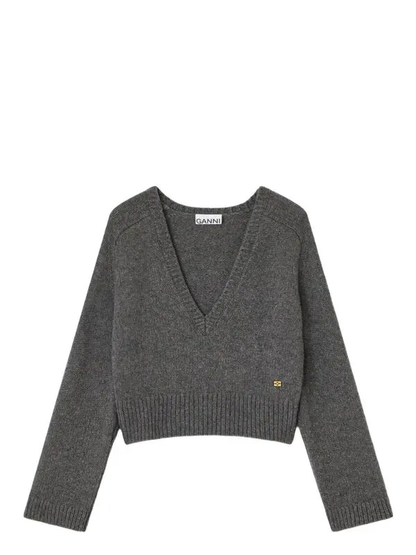 GANNI V-neck Jumper With Ribbed Details - Phantom Black