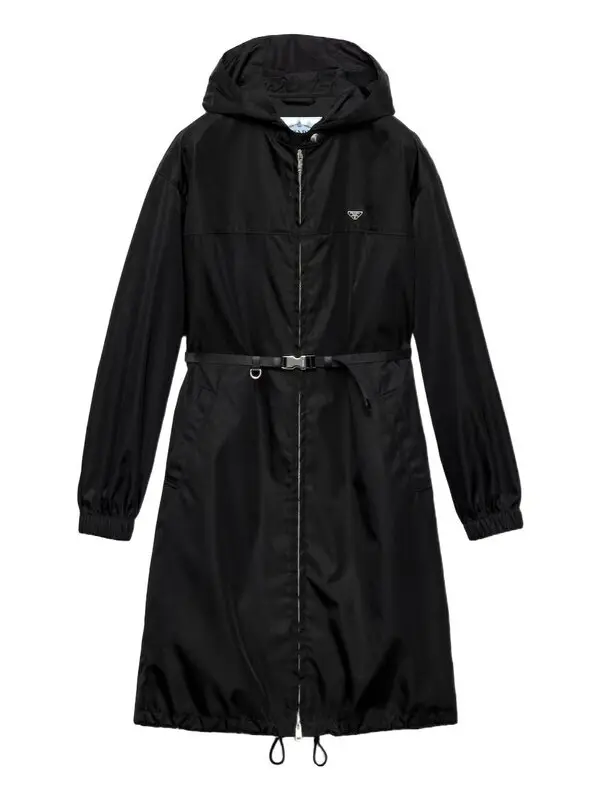 Prada Zip-up Belted Coat With Hood - Black