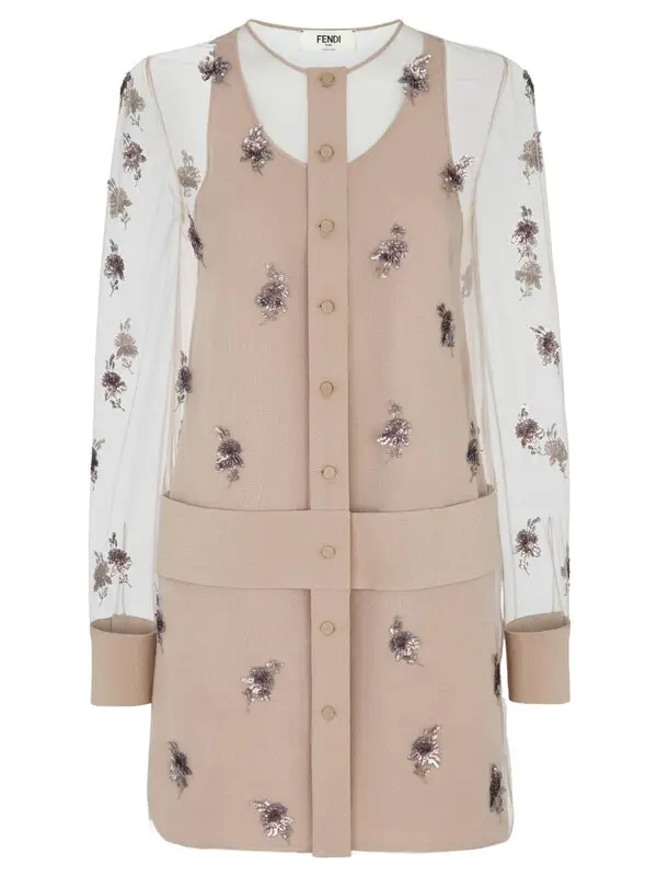 Fendi Floral Embellished Sheer Sleeve Mini Dress - Nude