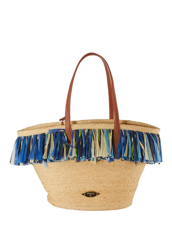 Emilio Pucci Raffia Fringed Beach Bag With Logo Plaque - Nude
