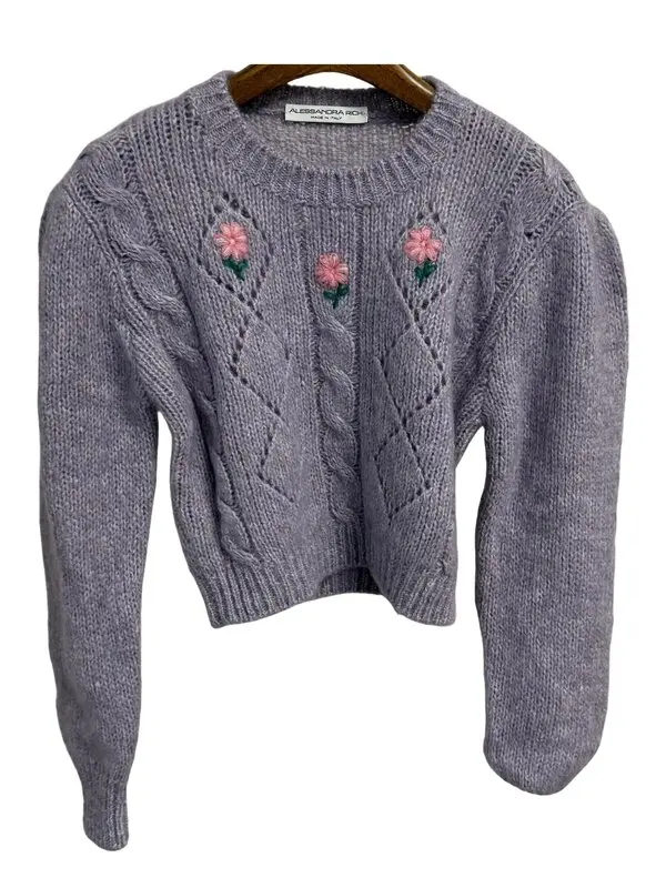 Alessandra Rich Floral Embroidered Crew Neck Sweater - Gray