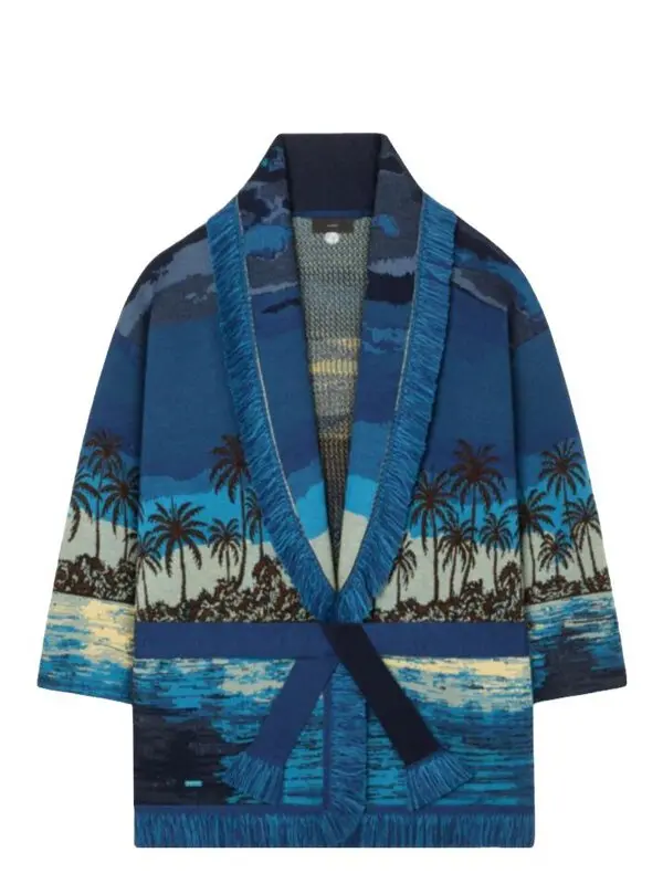 Alanui Fringed Jacquard Belted Cardigan - Dark Blue/multicolour