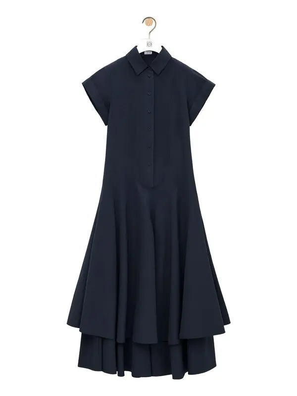 Loewe Double Layer Cotton Dress With Pleated Skirt And Embroidered Back - Dark Blue