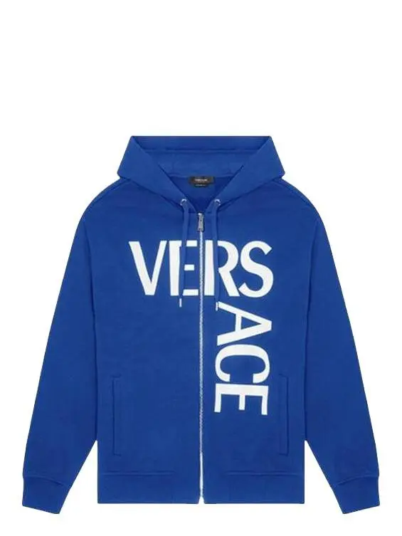 Versace Logo Hooded Zip-up Sweater - Blue