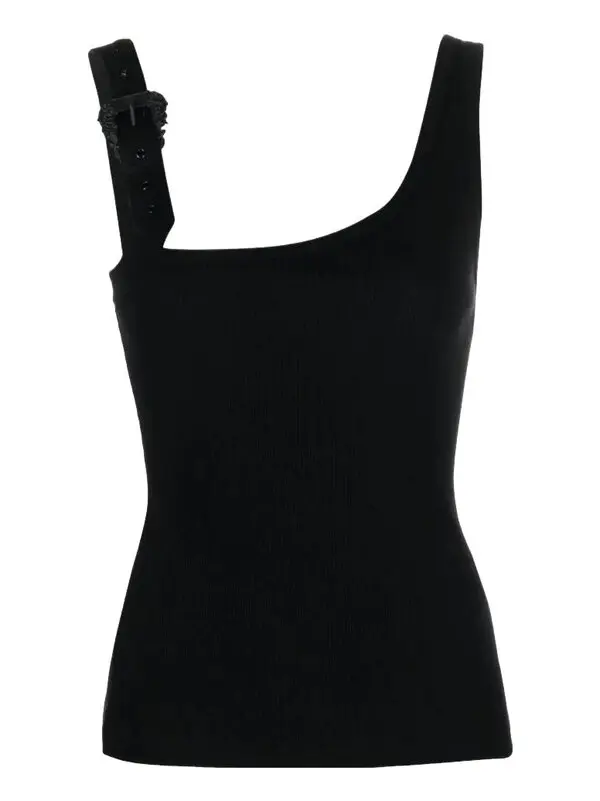 Versace Ribbed Tank Top With Embellished Shoulder Straps - Black