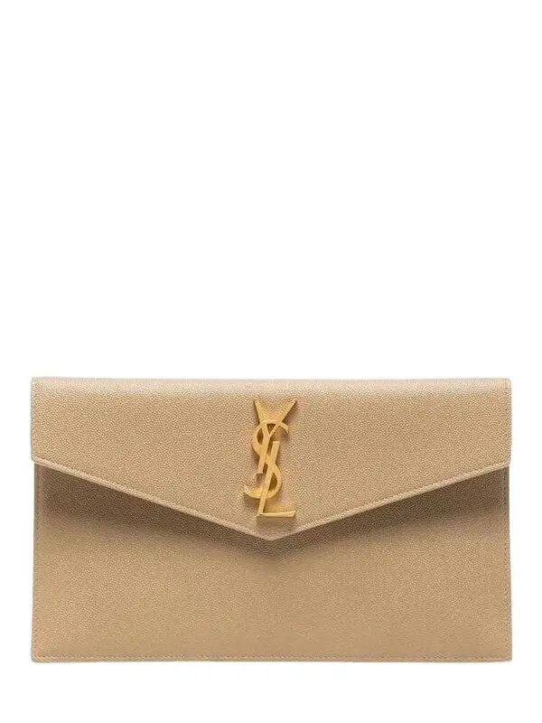 Saint Laurent Uptown Logo Plaque Foldover Clutch Bag - Dark Beige