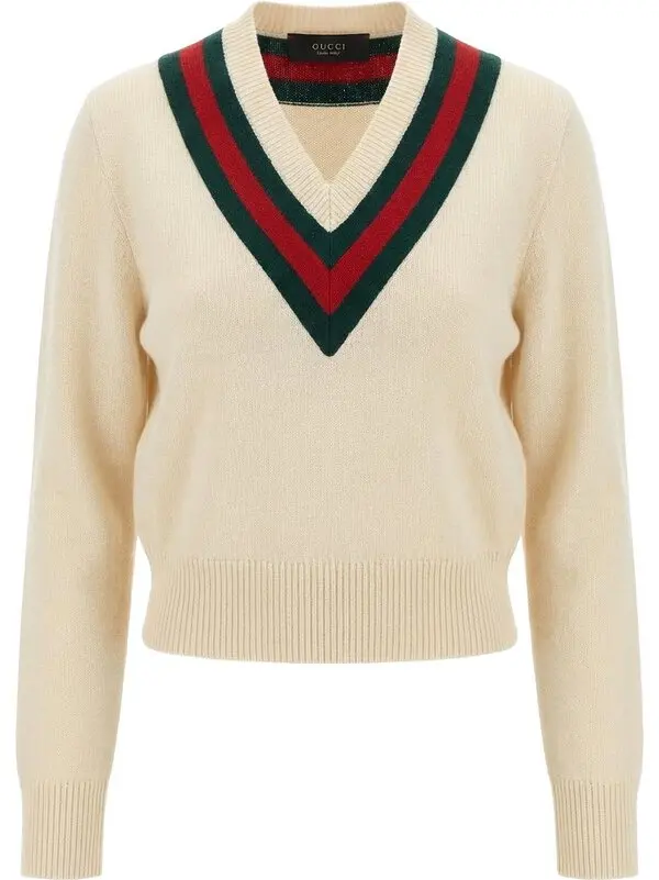 Gucci V-neck Fine Knit Jumper With Web Detail - Nude