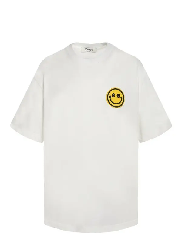 LIUREGALI Smiley Face Badge Letter Printed Short-sleeved T-shirt - White