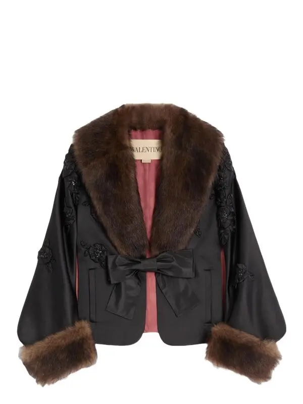Valentino Garavani Long-sleeved Shawl With Rose Embroidery And Fur Trim - Black