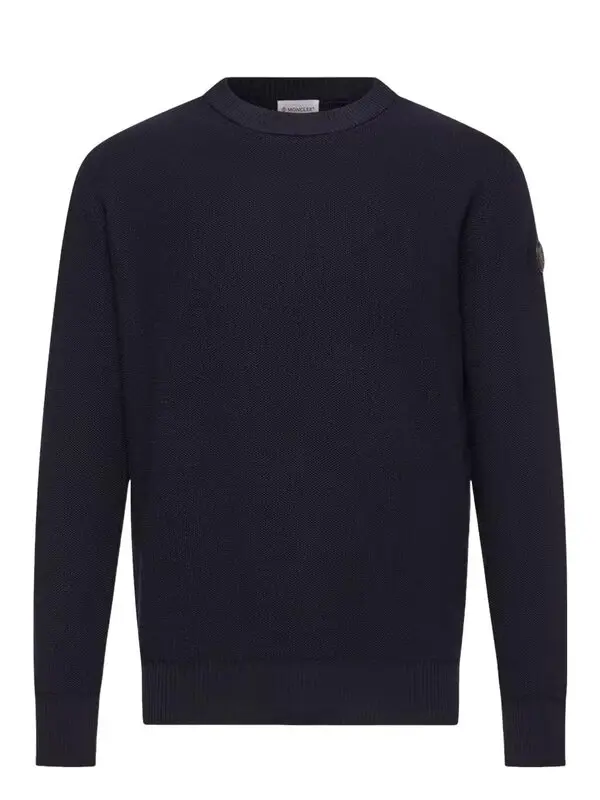 Moncler Leather Logo Wool Crew Neck Sweater - Midnight Blue