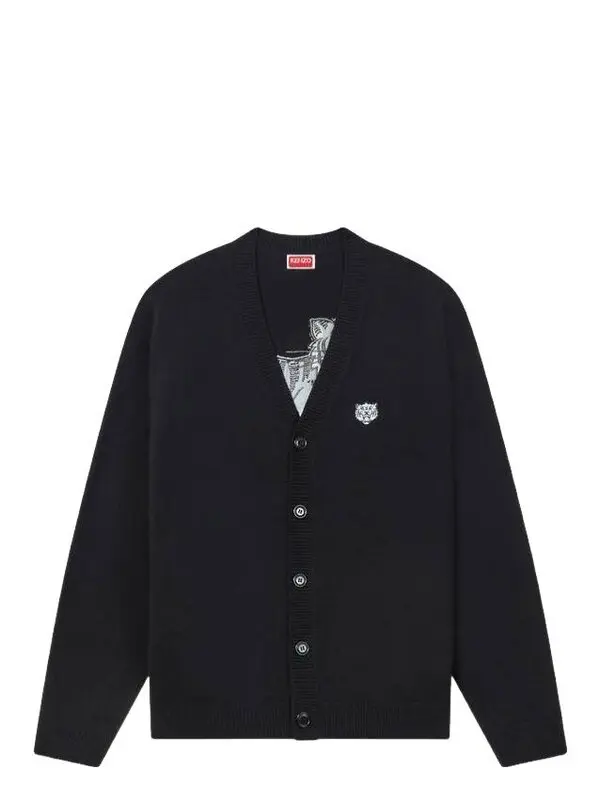 Kenzo Happy Tiger Embroidered Cotton Merino Wool Cardigan - Black