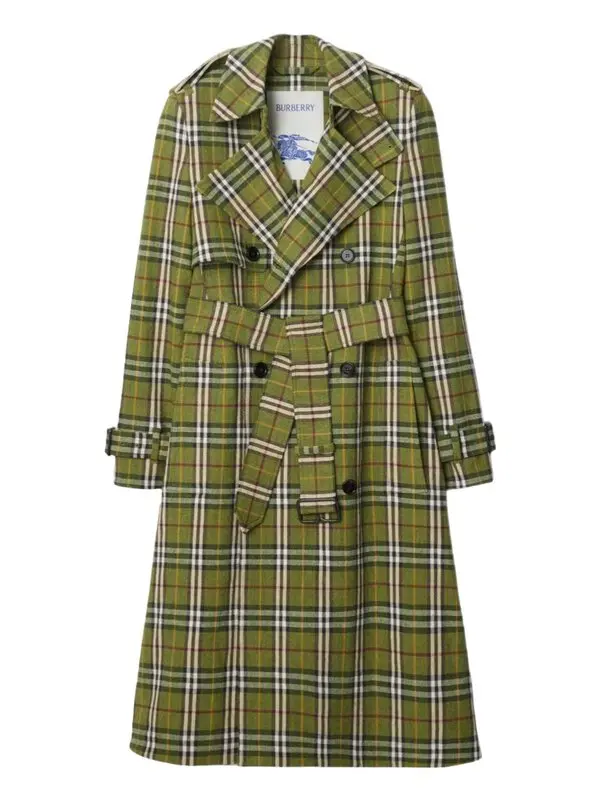 Burberry Double Breasted Belted Checked Trench Coat - Caper
