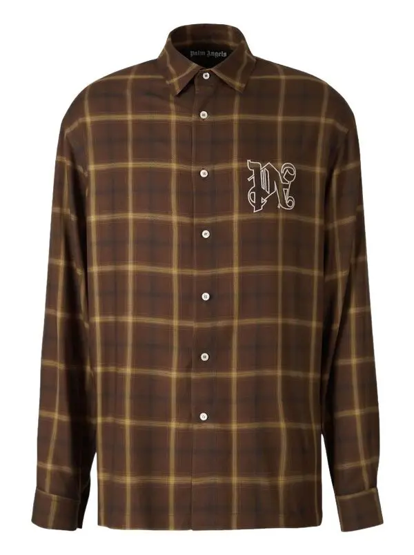Palm Angels Logo Embroidered Checked Long-sleeved Shirt - Green