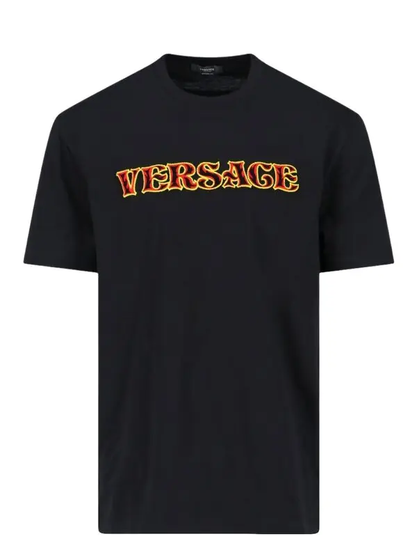 Versace Logo Embroidered Crewneck T-shirt - Black