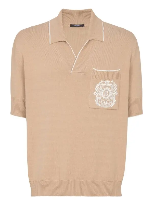 Balmain Cusson Embroidered Knit Polo Shirt - Beige