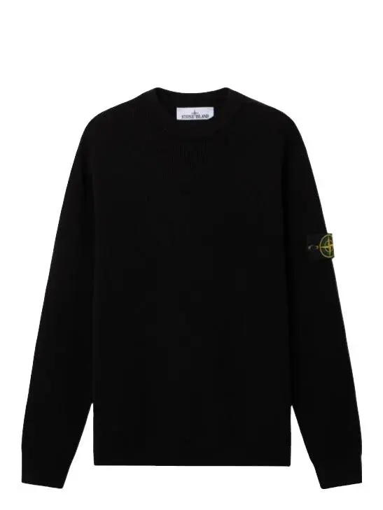 Stone Island Logo Patch Crew Neck Knitted Sweater - Black