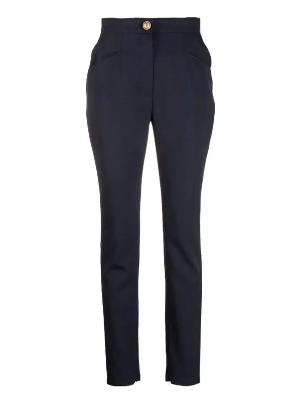 Balmain High-waisted Slim Fit Ankle Length Trousers With Button Detail - Falsch Marine