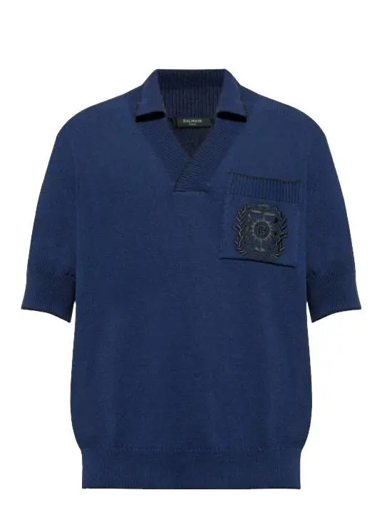 Balmain Cusson Embroidered Knit Polo Shirt - Navy Blue