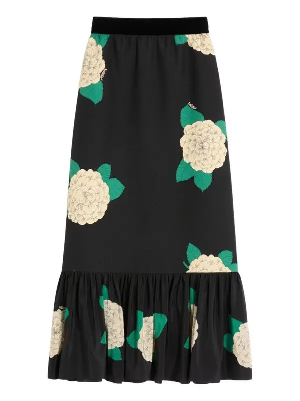 Valentino Garavani Printed Peplum Hem Midi Skirt - Black