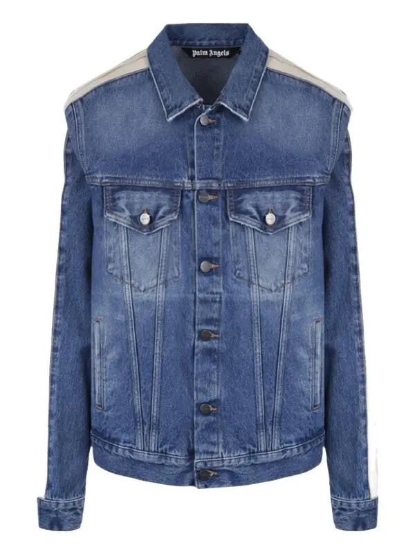 Palm Angels Logo Denim Track Jacket With Striped Sleeves - Blue