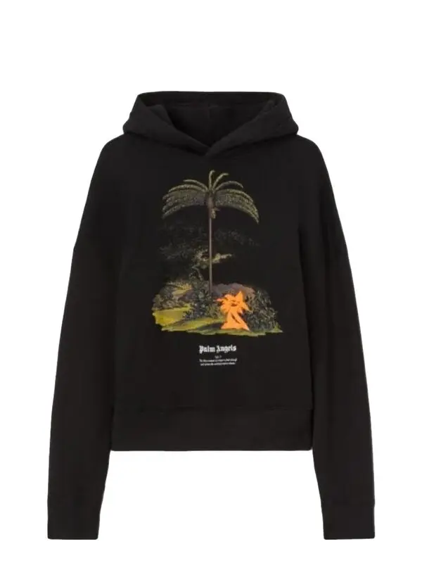 Palm Angels Long Sleeved Hoodie With Tropical Graphic - Black