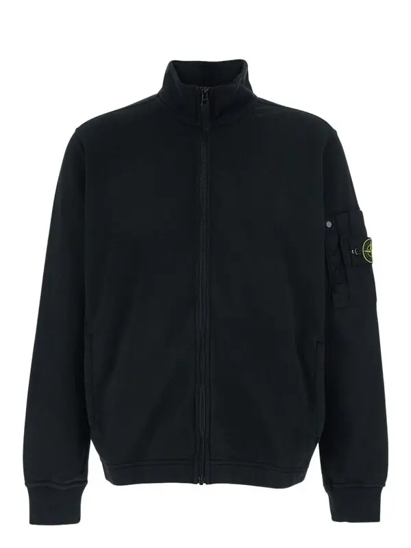 Stone Island Logo Patch Zip-up Sweatshirt - Black