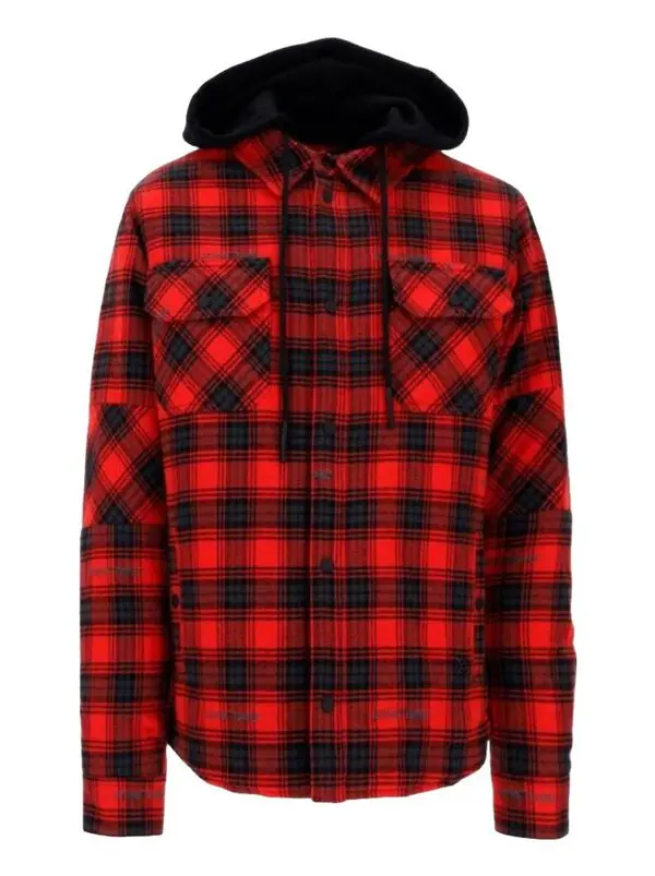 Off-White Checked Plaid Hooded Shirt Jacket - Red