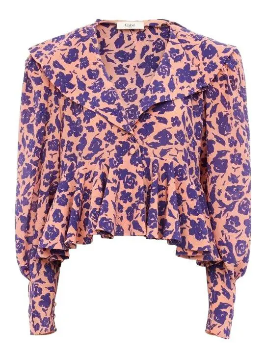Chloé V-neck Ruffled Floral Print Top - Pink/blue