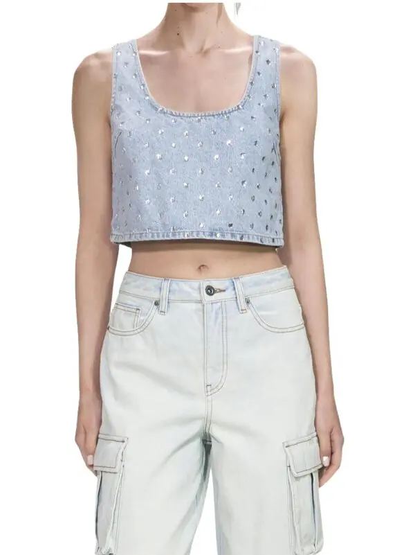 SELF-PORTRAIT Embellished Denim Cropped Top - White
