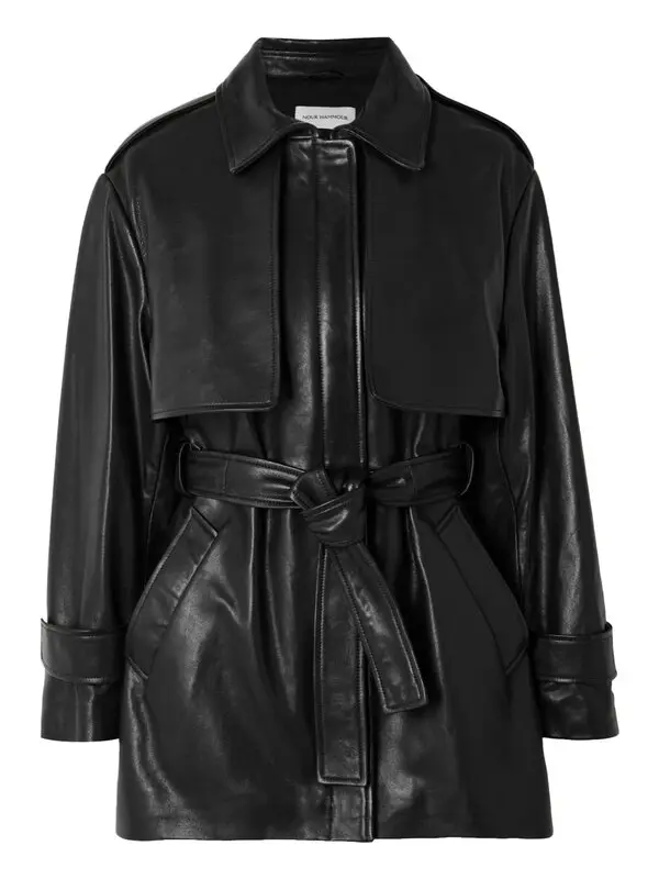 Nour Hammour Priya Belted Paneled Leather Jacket - Black