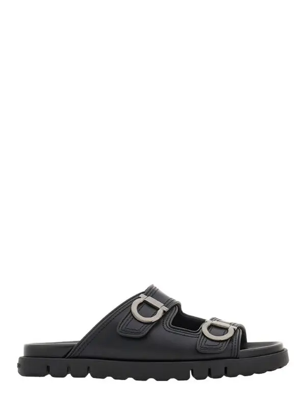 FERRAGAMO Gancini Double Strap Slides - Black