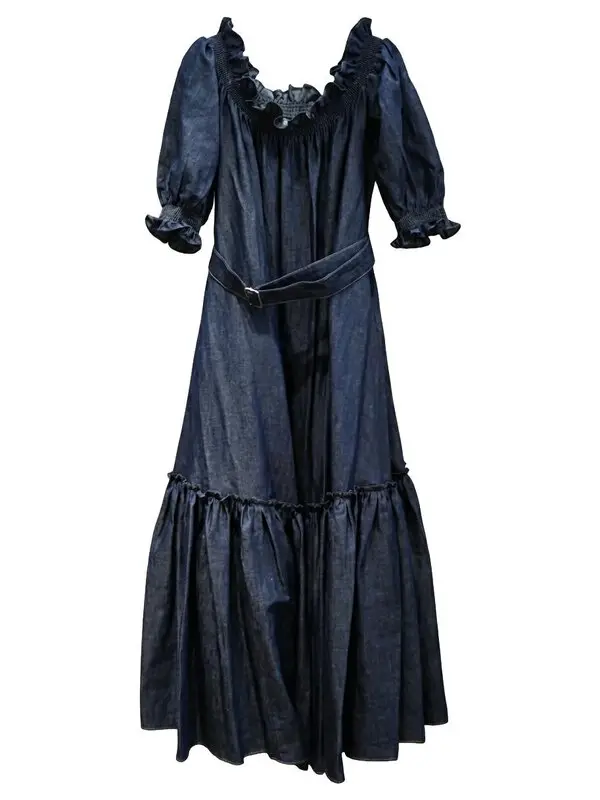 Dior Denim Belted Maxi Dress With Ruffled Accents - Indigo