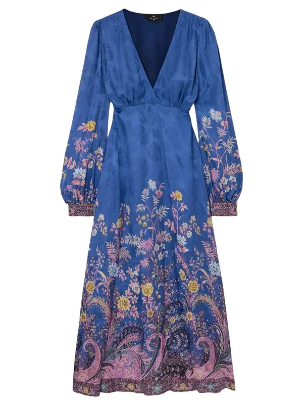 Etro Printed V-neck Long Sleeve Pleated Dress - Blue